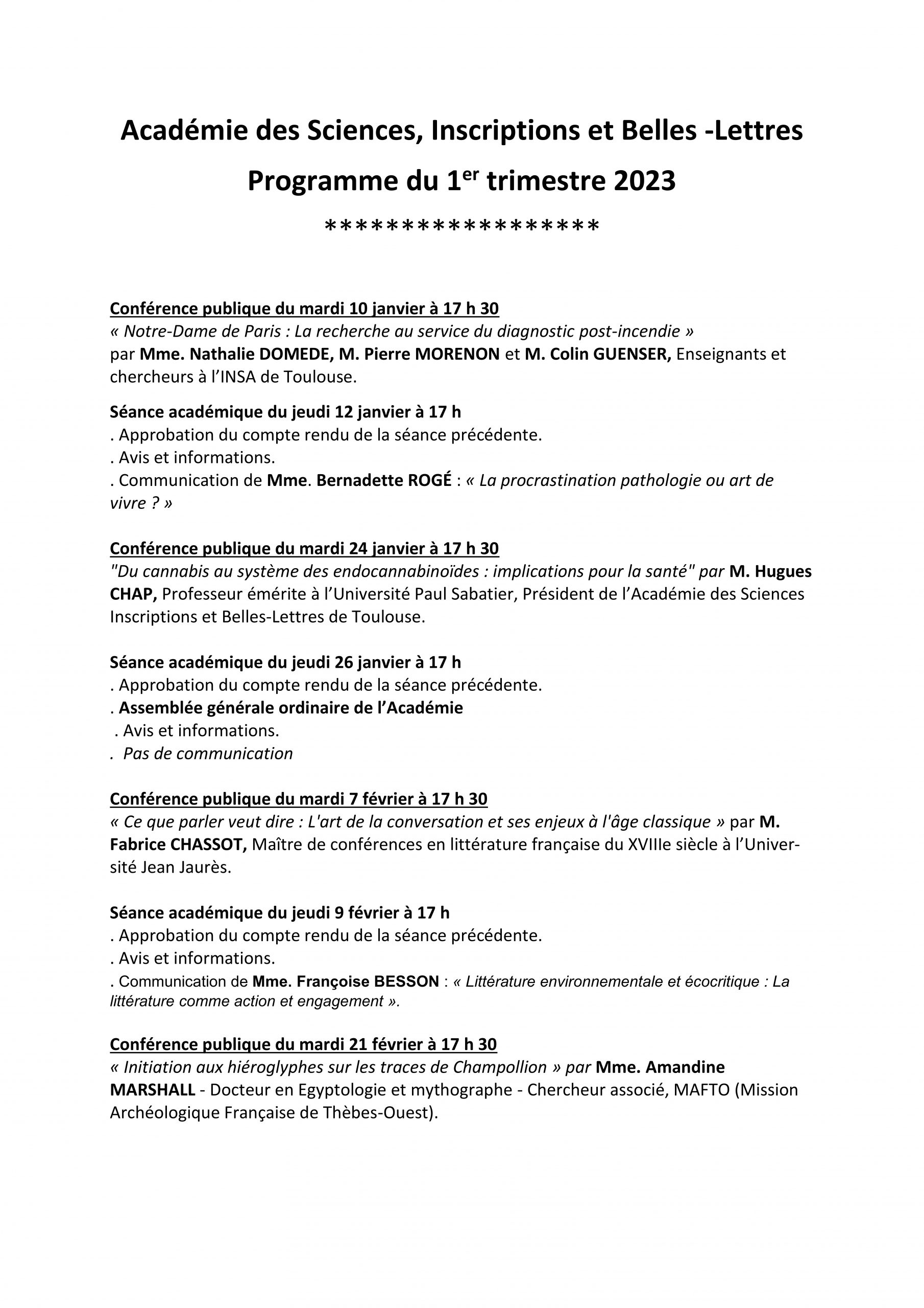 Programme du 1er Trimestre 2023 (Version du 12 Janvier) | Académie des ...